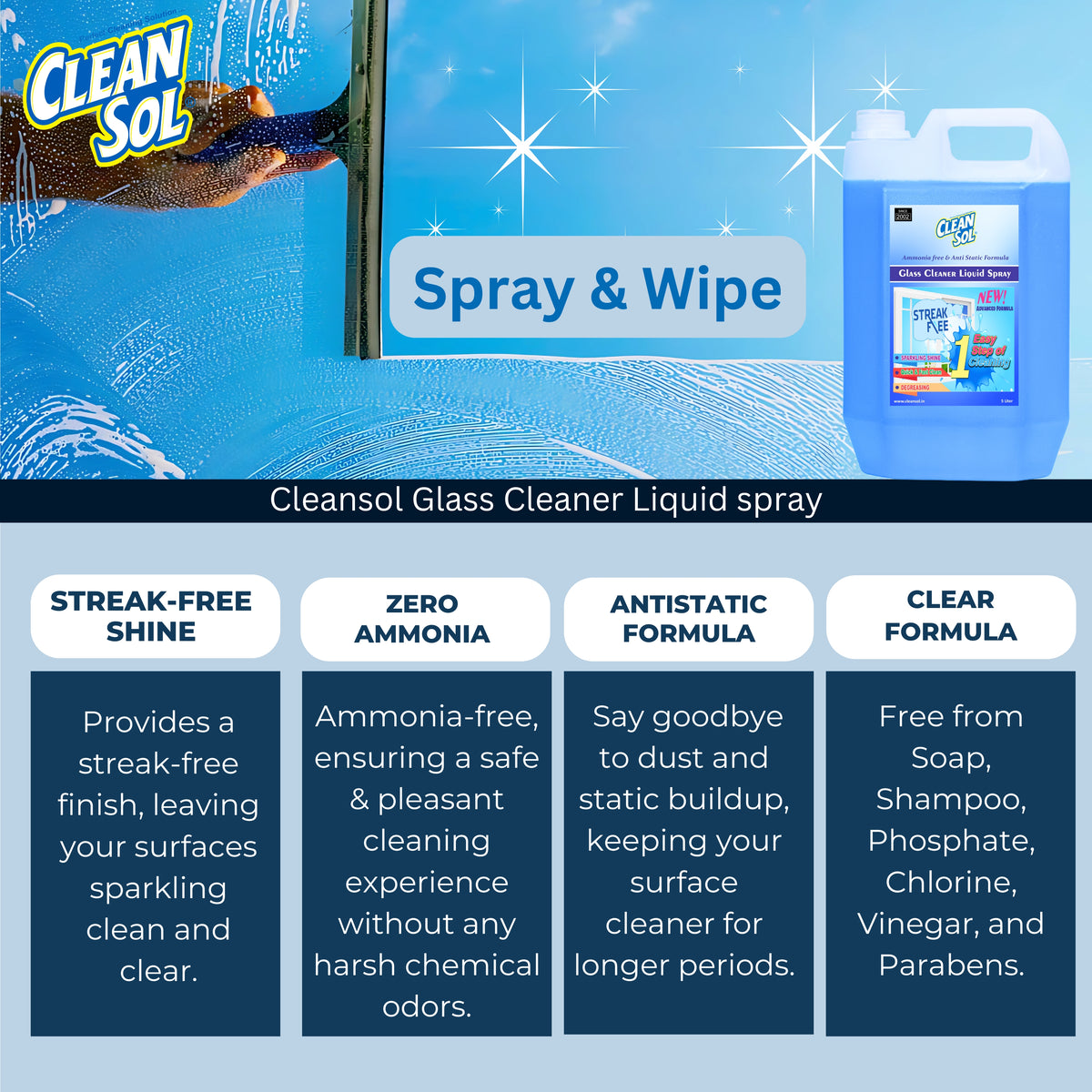 Cleansol Glass Cleaner 5L | Streakless Ammonia-Free Multi-Surface Cleaner